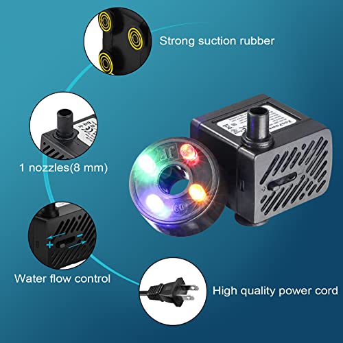 BCORLD Fountain Pump with LED Lights, Quiet Fountain Pump, Adjustable Water flow Fountain Pump,54GPH(200L/H,3W), Outdoor Pond, Aquarium fish tanks, Home Décor Fountain,1 Nozzles,Power Cord 5ft