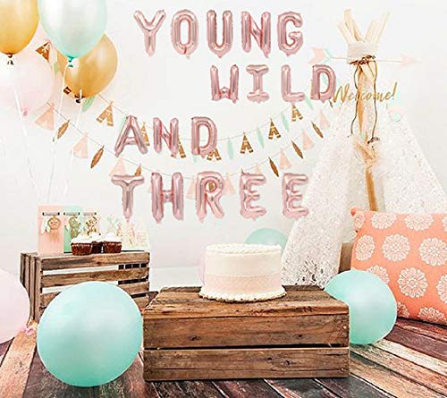 JeVenis Young Wild and Three Balloon Young Wild and Three Banner Young Wild and Three Decorations for Girl Third Birthday Decorations 3 Year Old Birthday Decor 3rd Birthday Balloon