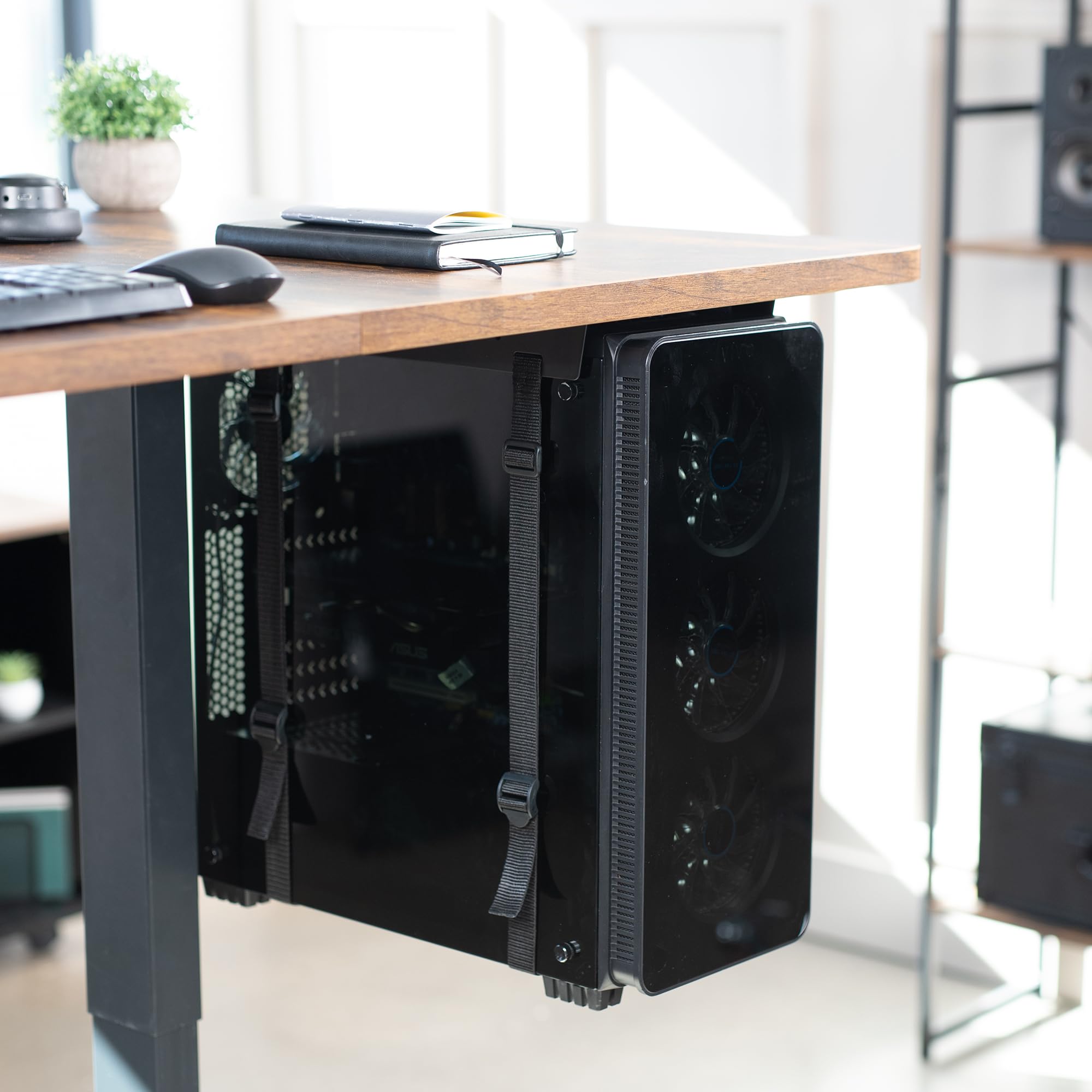 VIVO Under-Desk and Wall Mount PC Adjustable Strap and Steel Bracket Holder, Computer Case Carrier, Black, MOUNT-PC02S