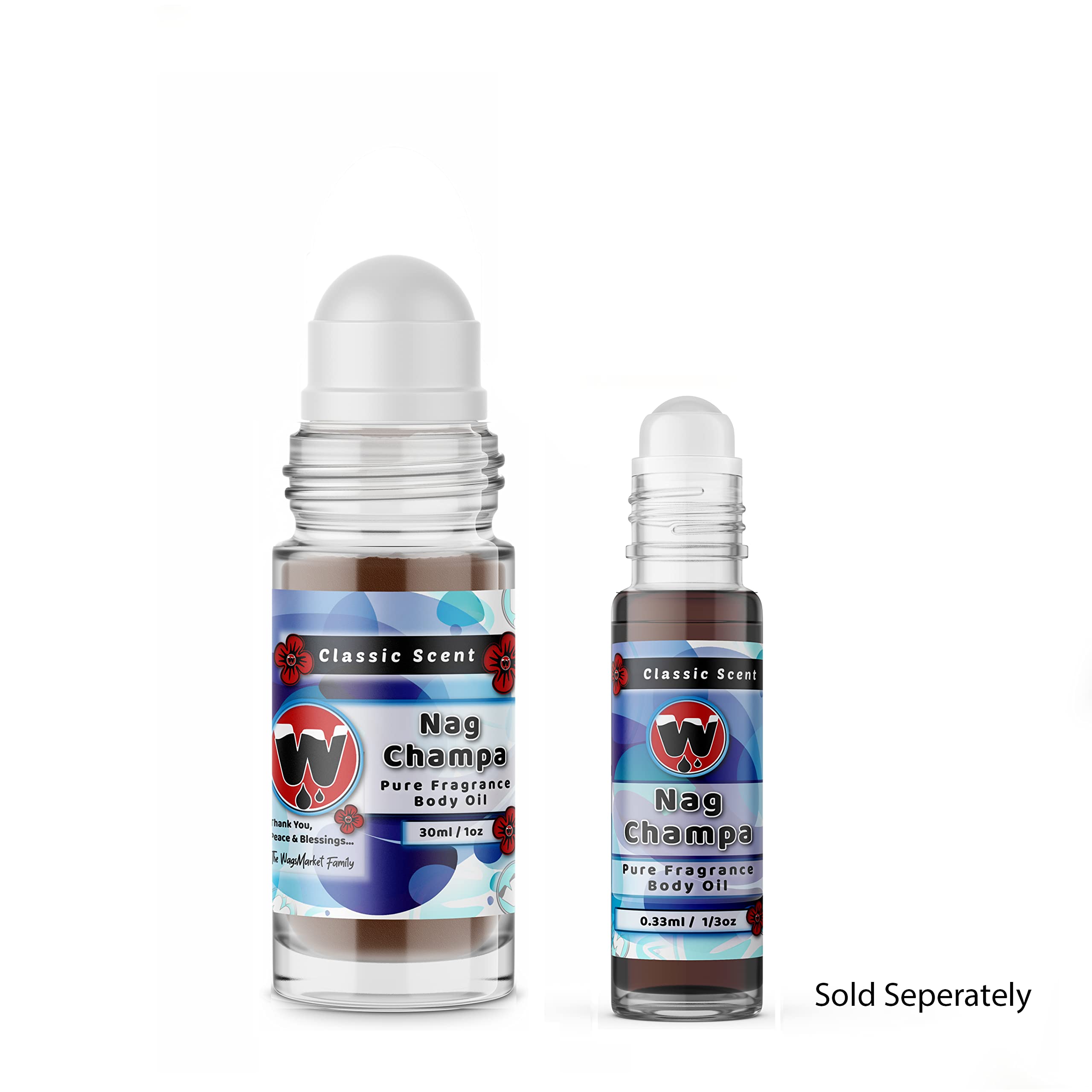 WagsMarket - Nag Champa Perfume Oil, from 0.33oz Roll On to 4oz Glass Bottle (0.33oz Roll On)