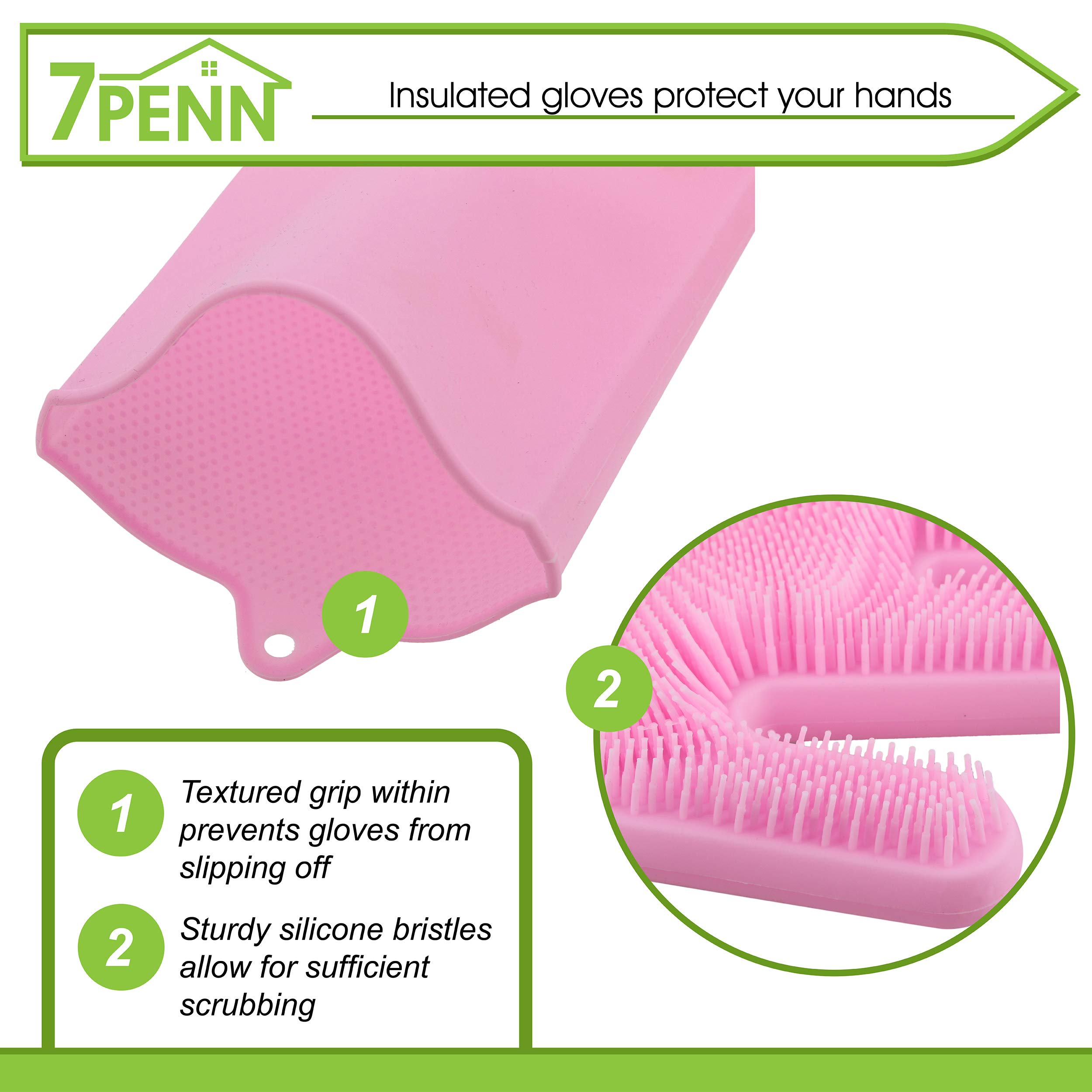 7Penn Reusable Dishwashing Gloves with Scrubber Bristles, Pink - Silicone Scrub Dish Cleaning Gloves for Men and Women