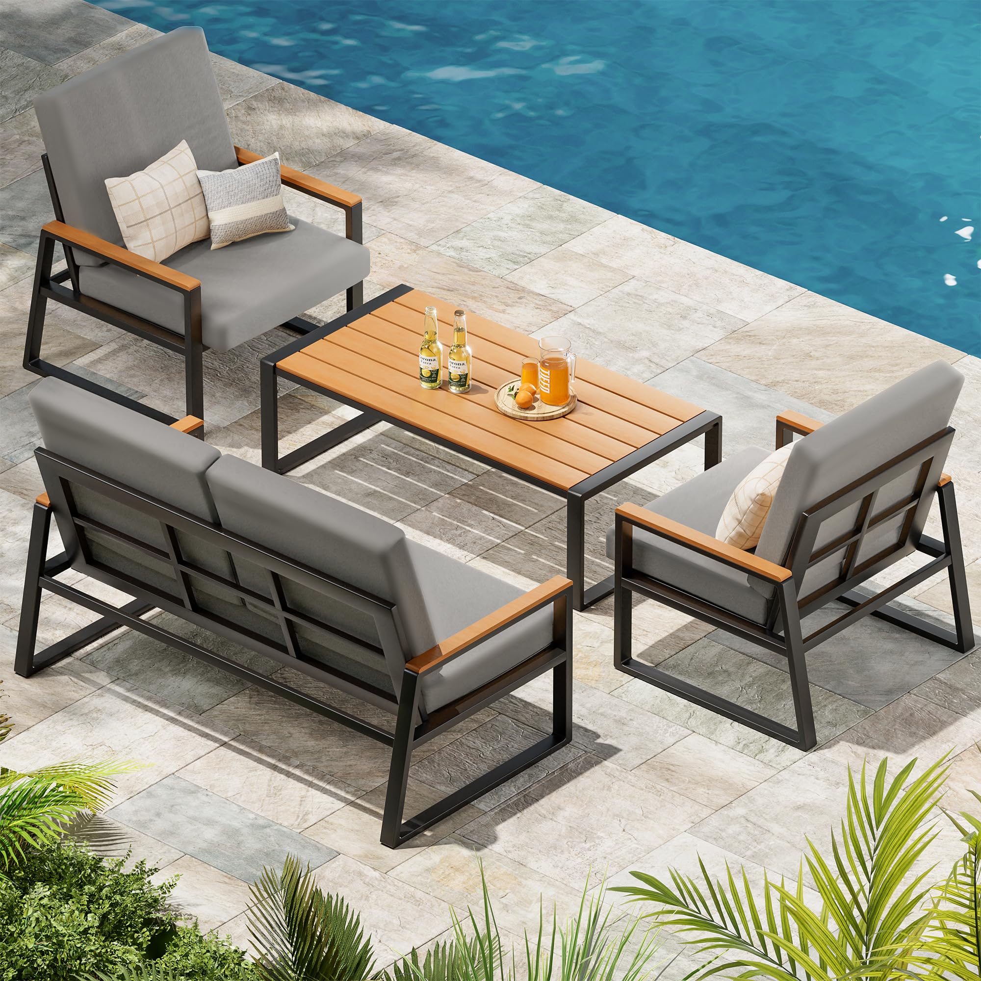 Gizoon 4-Piece Outdoor Patio Furniture Sets, Patio Conversation Set with Removable Seating Cushion, Courtyard Patio Set for Home, Yard, Poolside (Grey)