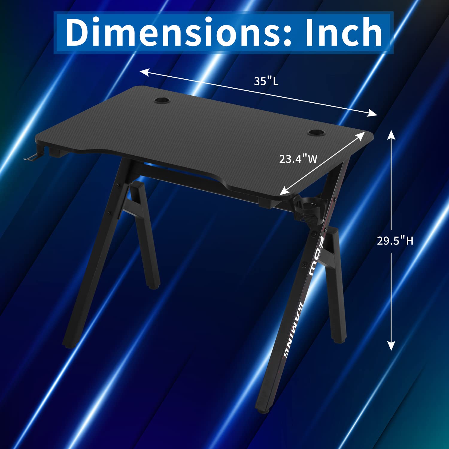 35" Gaming Desk Student Computer Desk Home Office Desk Gamer PC Workstation Large Modern Ergonomic Pc Carbon Fiber Writing Desk Table with Cup Holder Headphone Hook R Shape Table, Blue