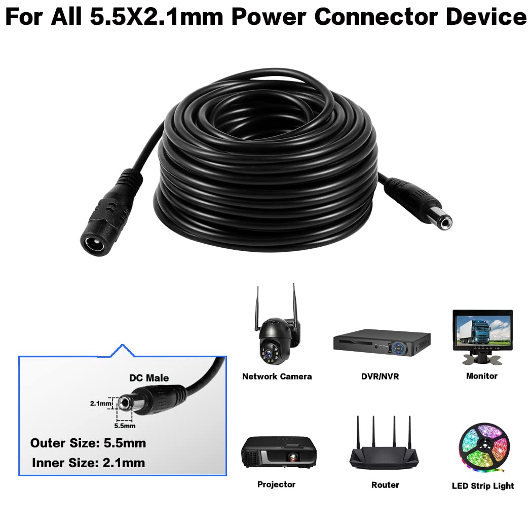 Vanxse Dc 12v CCTV Power Extension Cable 2.1x5.5mm for CCTV Security Camera WiFi IP Surveillance Camera NVR Dvr LED Strip Router Christmas Light (20Meters-65FT)