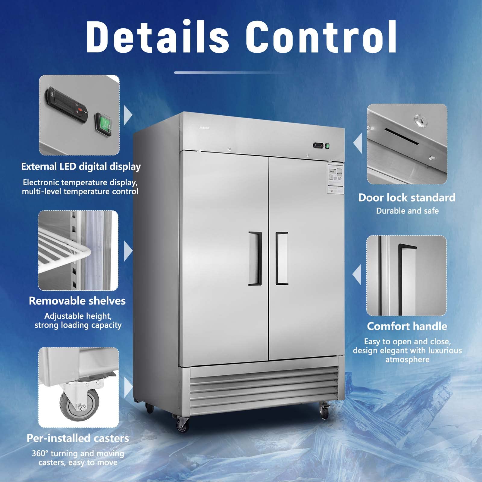 JINSONG 54" Commercial Refrigerator 2 Solid Door, 49 cu.ft 2 Section Stainless Steel Reach-in Refrigerator for Restaurant, Bar, Shop, Residential