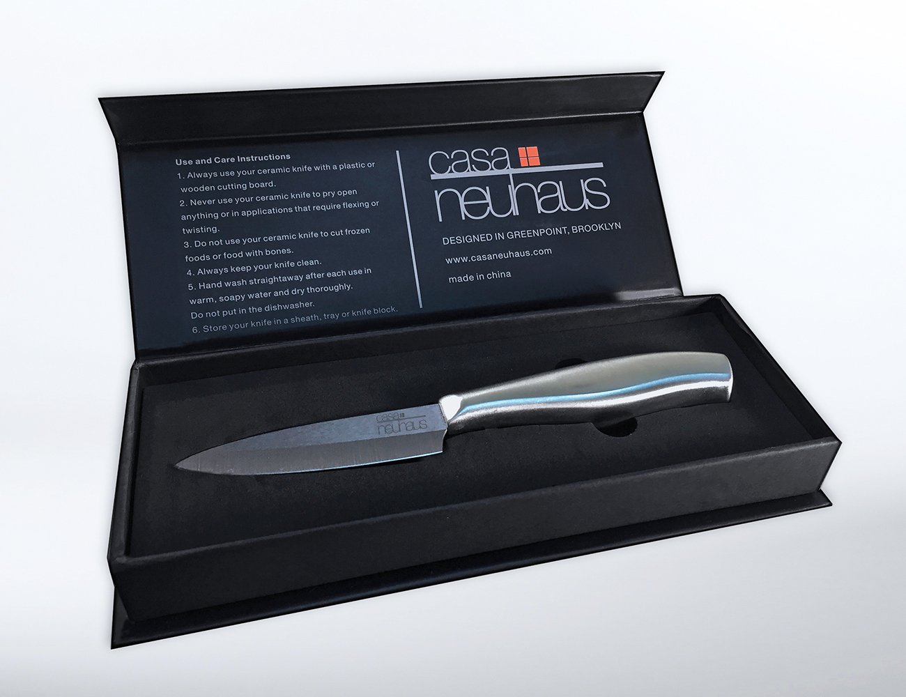 Casa Neuhaus Black Series Utility Set Ceramic Knives - 3 inch Paring Knife & 5 inch Utility Knife - Black Ceramic Blade & Stainless Steel Handle - Includes Knife Sheath and Black Series Gift Box
