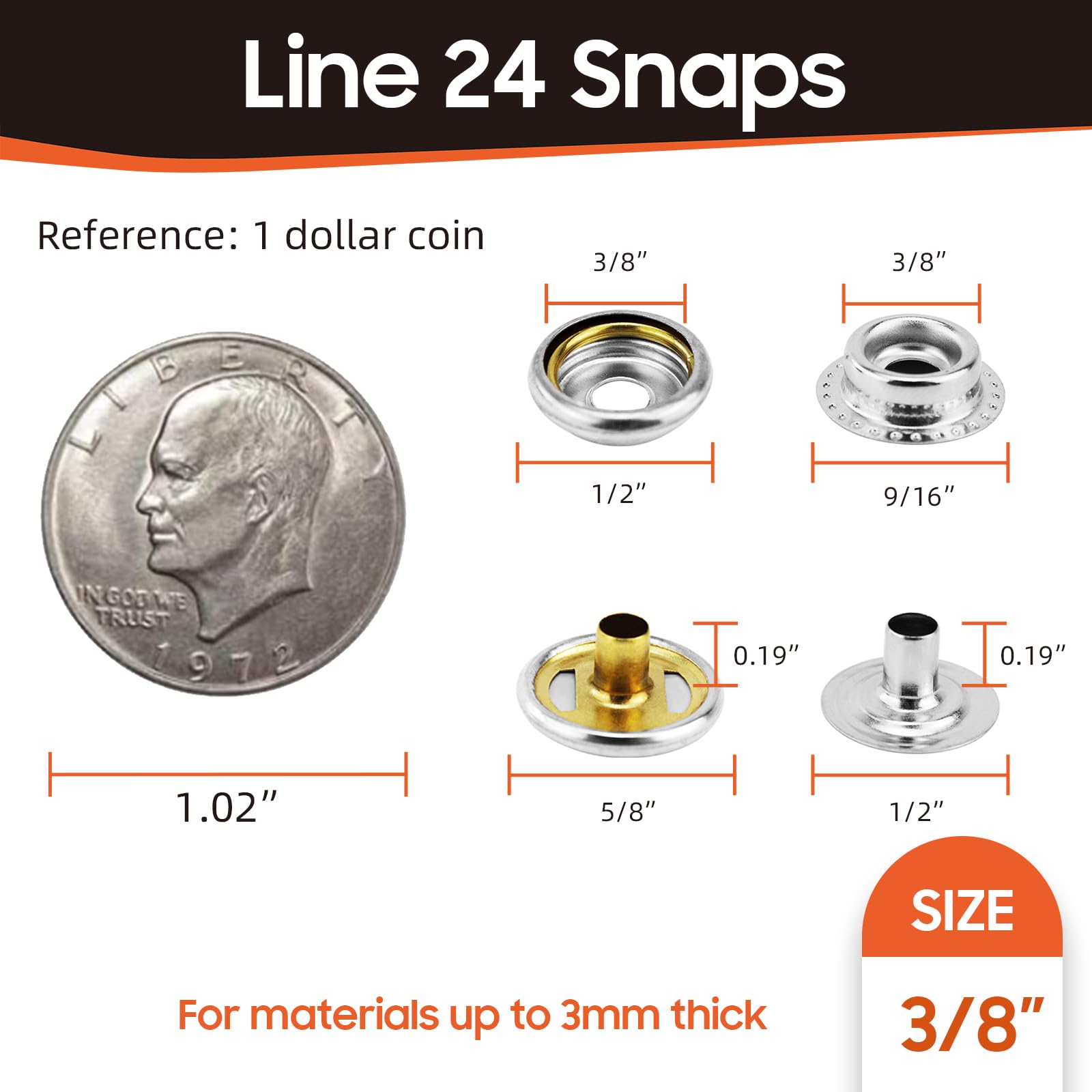 HAPDEN 160 pcs snap Buttons,snap Fasteners kit 15mm Stainless Steel Snaps Marine Grade Boat Canvas Snaps,3/8" Socket Metal Snaps for Clothing Leather Boat Cover Fabric (Regular)