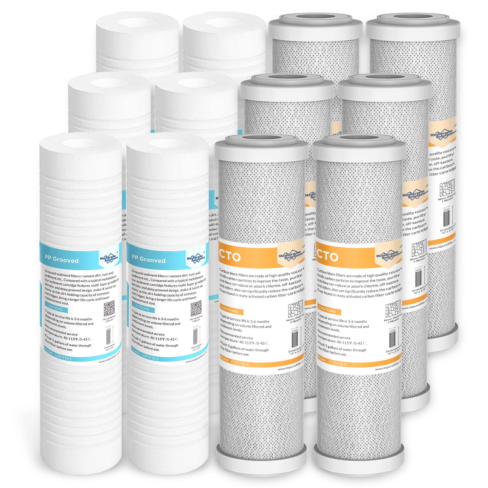 5 Micron Grooved Sediment & 5 Micron CTO Carbon Block Water Filter 10"x2.5", Whole House Water Filters Universal Replacement Filter Cartridge by Membrane Solutions