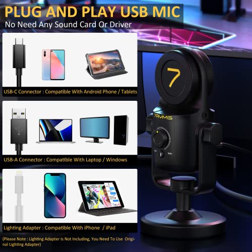 7RYMS USB Microphone Cardioid Condenser Gaming Mic Metal Large Diaphragm Microphone for PC, Computer, Laptop, PS4/5 with Built-in Pop Filter Desk Stand for Podcasting, Streaming, ASMR (SR-USB Mini)