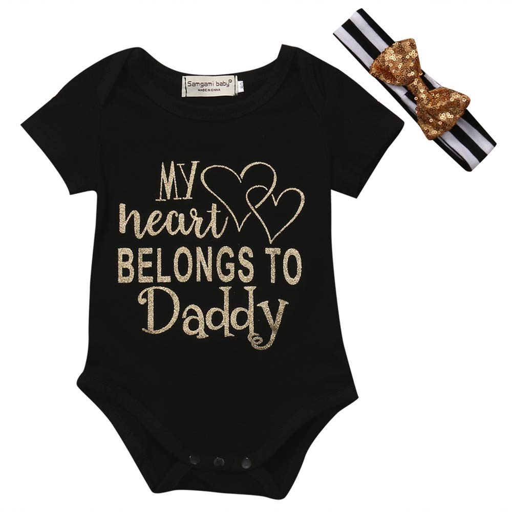 Infant Baby Girls Daddys Letter Playsuit Romper Bodysuit Short Sleeve Shirt (My Heart Belongs to Daddy-Black, 3-6 Months)
