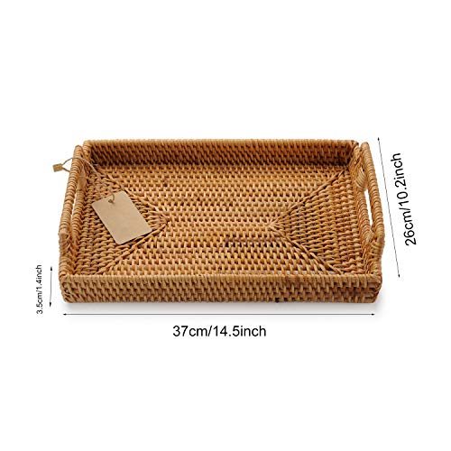 Hand-Woven Rattan Rectangular Serving Tray with Handles for Breakfast, Drinks, Snack for Coffee Table (14.5x10.2x1.4inches)