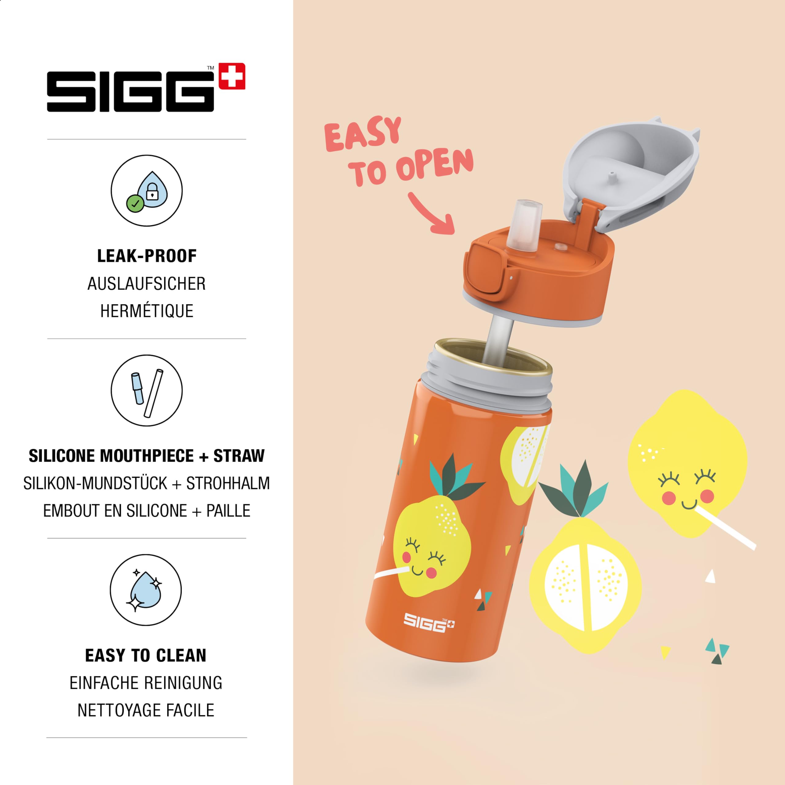 SIGG - Kids Miracle Water Bottle - Lemons - Lightweight Aluminium with Leak-Proof Lid - One Hand Children's Drink Bottle - 13 Oz
