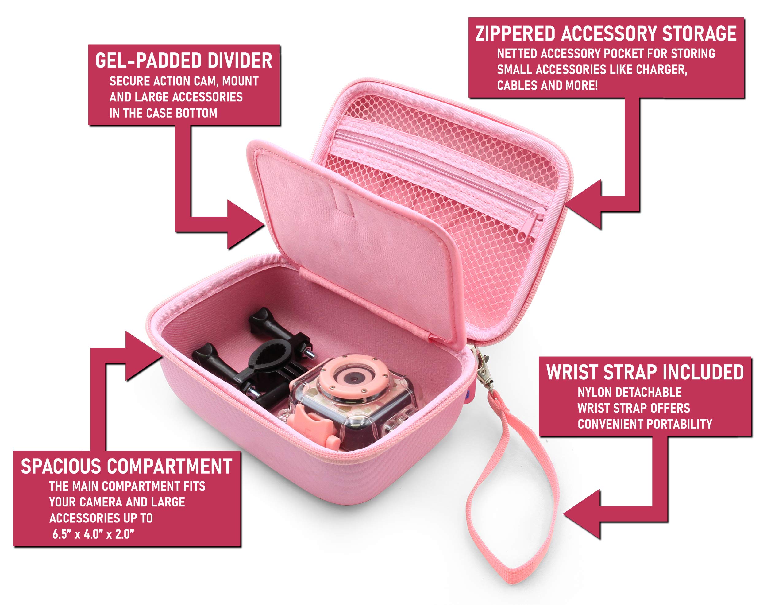 CASEMATIX Camera Travel Case Compatible with PROGRACE, Ourlife, Dragon Touch and More Waterproof Toy Camera Video Recorders - Pink Case for Toy Action Camera and Accessories