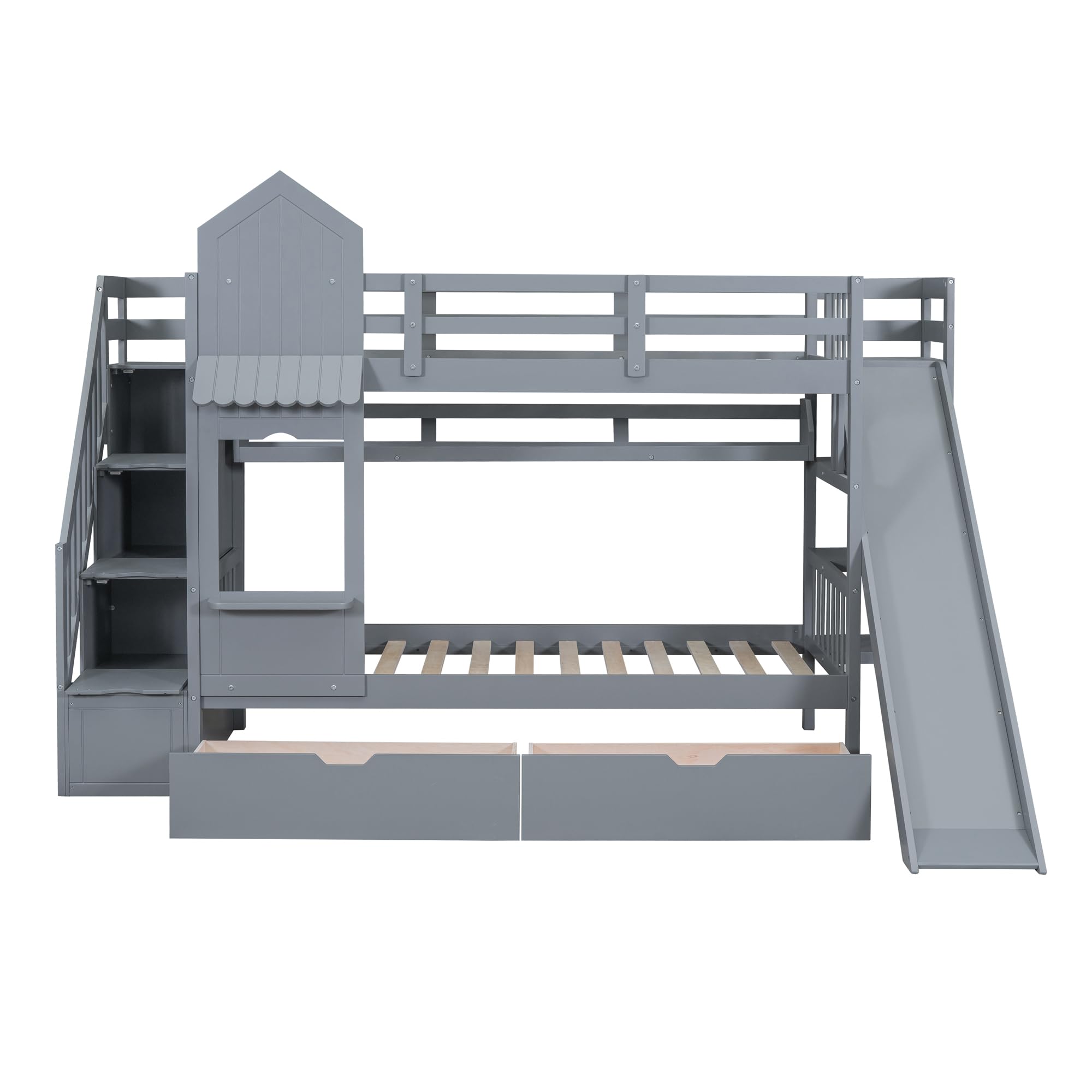 Twin Over Twin Castle Bunk Bed with Slide and Storage Stairs, Wood Playhouse Bunk Beds Frame with Shelves and Drawers, Princess Bunk Bed for Girls Boys Teens, No Box Spring Needed, Gray