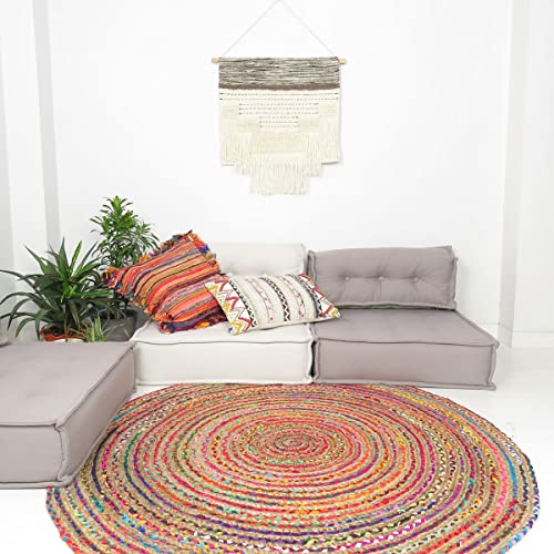 Eyes of India - 6 ft Round Colorful Natural Jute Chindi Sisal Woven Area Braided Rug Boho Chic Bohemian Accent Indian Handmade Handwoven