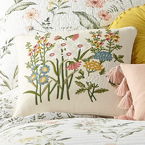 Levtex Home - Viviana - Decorative Pillow (18X18in.) - Embroidered Flowers - Coral, Green, Blue, Gold and Cream