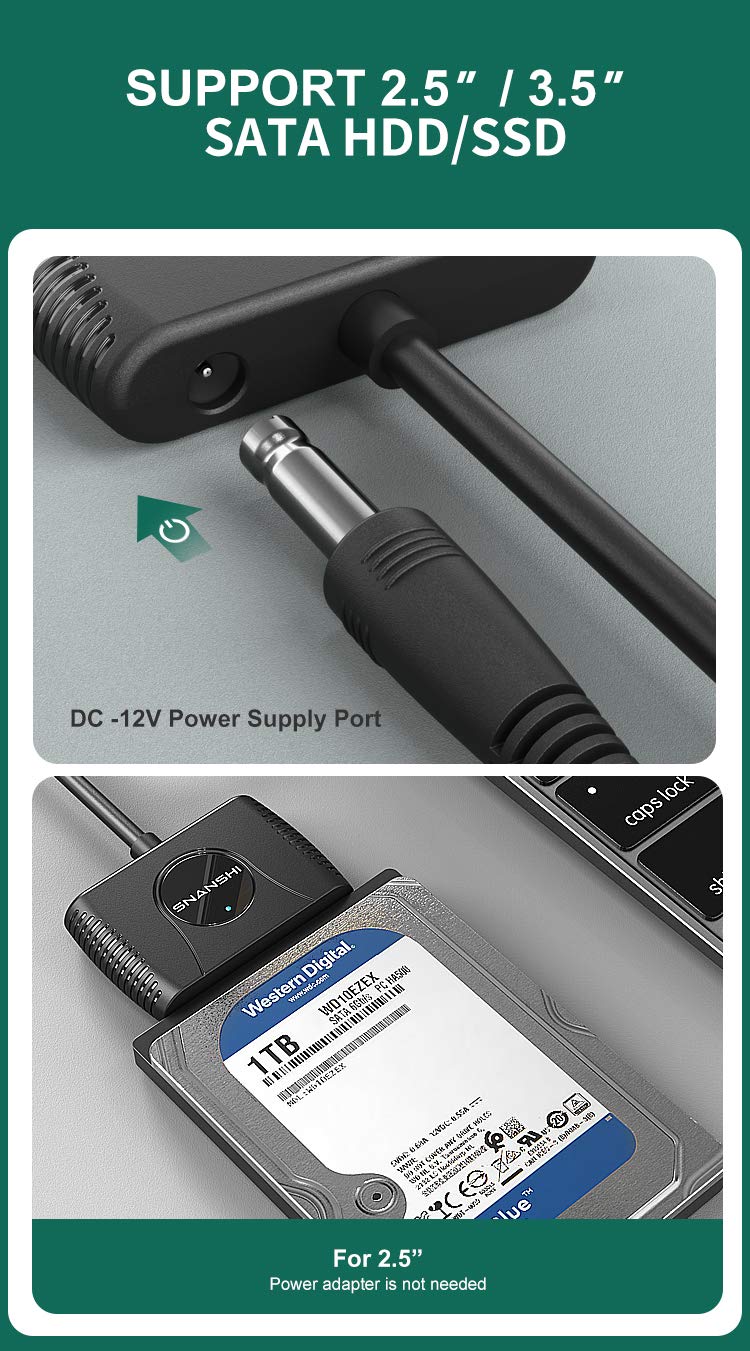 SATA to USB C Adapter, SNANSHI USB C to SATA 3.5Inch USB Type C to SATA Adapter Converter with UASP SATA to USB Converter for 2.5" 3.5” Hard Drives Disk HDD, with 12V Power Adapter