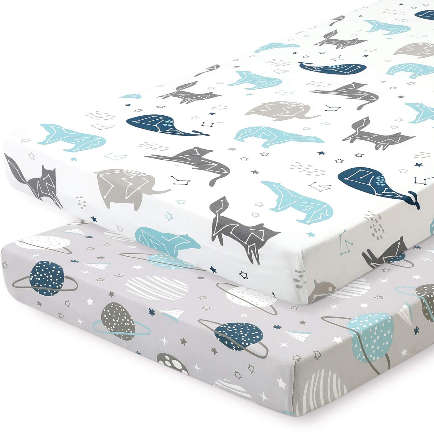 Pack n Play Sheets, BROLEX 2 Pack Mini Crib Sheets,Stretchy Portable Fitted Playard Sheet Set, Convertible Playard Mattress Cover,Ultra Soft Breathable Material,Space Planet