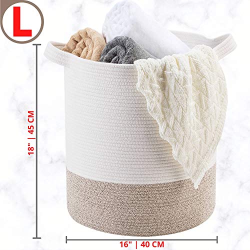 MINTWOOD Design Large 18 x 16 Inches Decorative Woven Cotton Rope Basket, Tall Laundry Basket Hamper, Blanket Basket for Living Room, Storage Baskets with Handles for Toys, Throws, Pillows and Towels