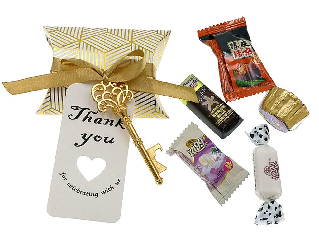 50pcs Skeleton Key Bottle Opener Wedding Party Favor Souvenir Gift with Candy Box and Ribbon(Gold)