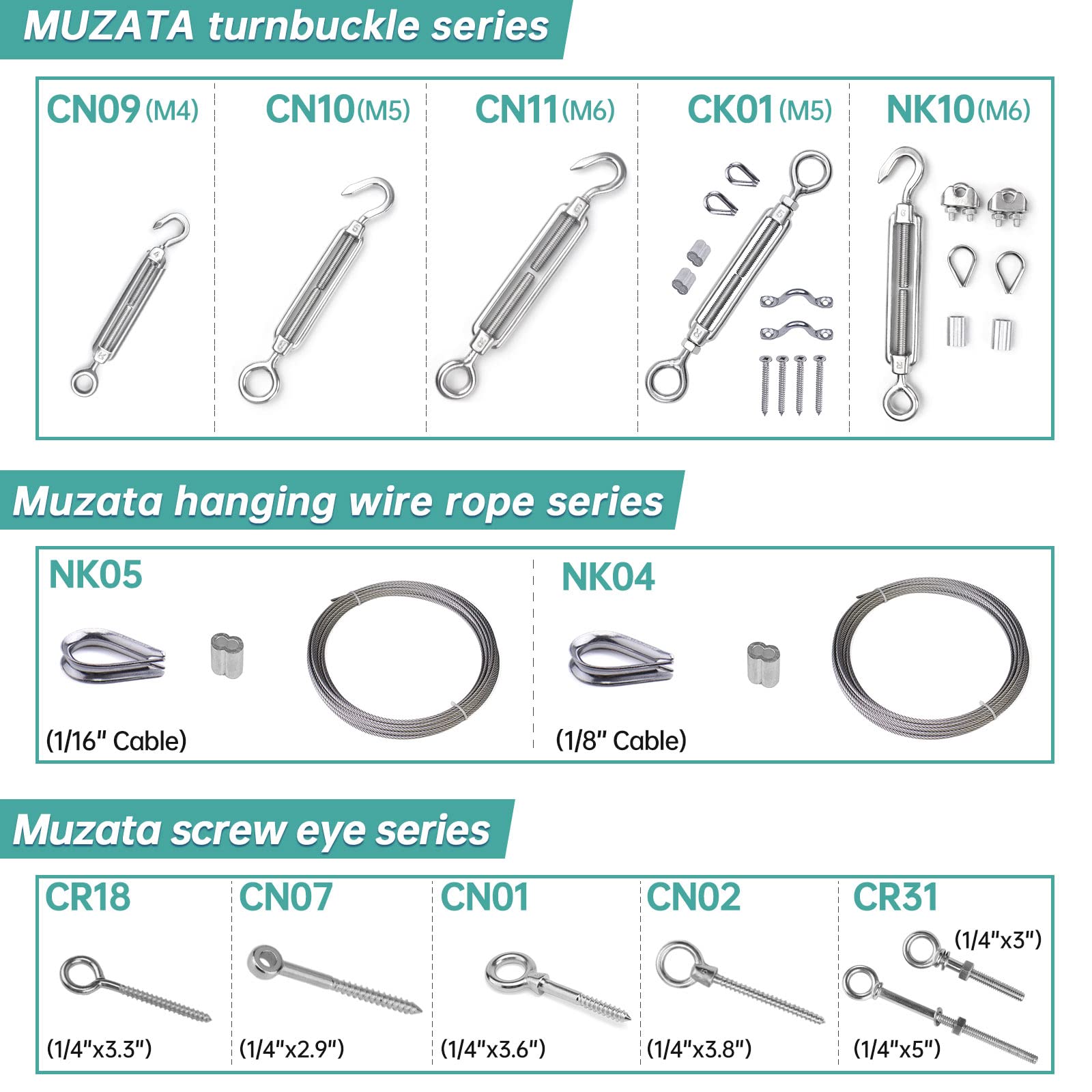 Muzata 12Pack 2.9Inch M6 Screw Eye Hook Wood Screws Metal Hook T316 Stainless Steel for Wood Securing Cable Wire Terminal Ring Eyelet Stand Self Tapping Eye Bolt Indoor Outdoor CN07 HN1