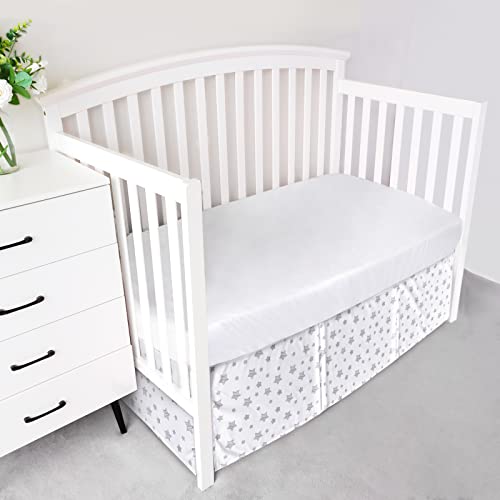 Crib Skirt Boy Girl Pleated Dust Ruffle Machine Washable, 14" Drop, Toddler Crib Bed Skirt White with Grey Star, Microfiber Nursery Standard Crib Bedding Skirt