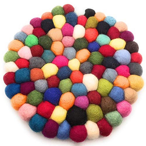 Handmade, Colorful, Heat Resistant, Durable Felt Balls Trivet (Pot Mat, Pot Holder for Hot Dishes) - Single Piece (Multi-Color, Round)