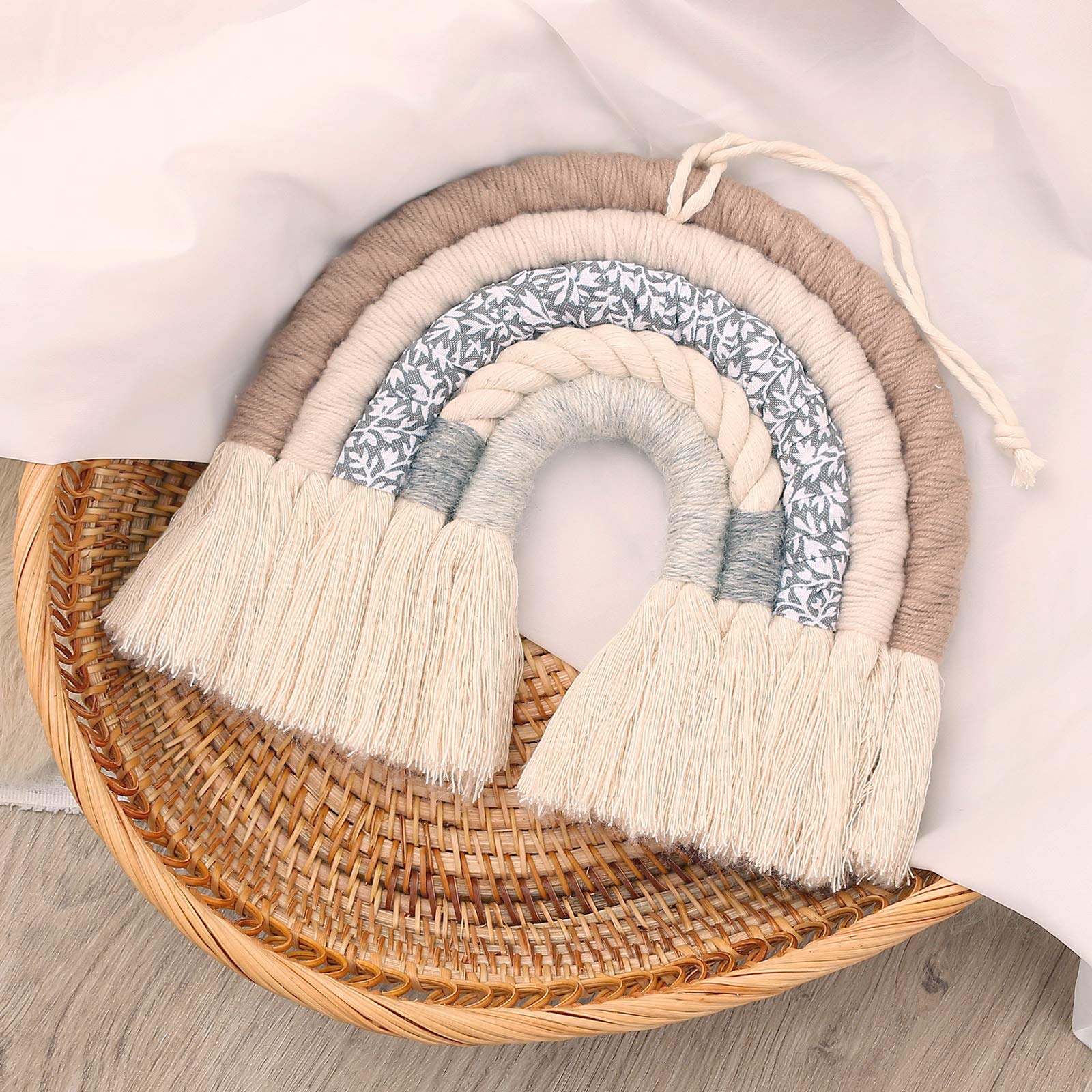 Rainbow Wall Hanging Tassels, Nordic Woven Rainbow Wall Hanging, Boho Decor Macrame Rainbow Wall Hanging for Baby Girls Kids Nursery Rooms,Modern Home Hanging,Brown Pattern Cloth(8.2x8.2 inches