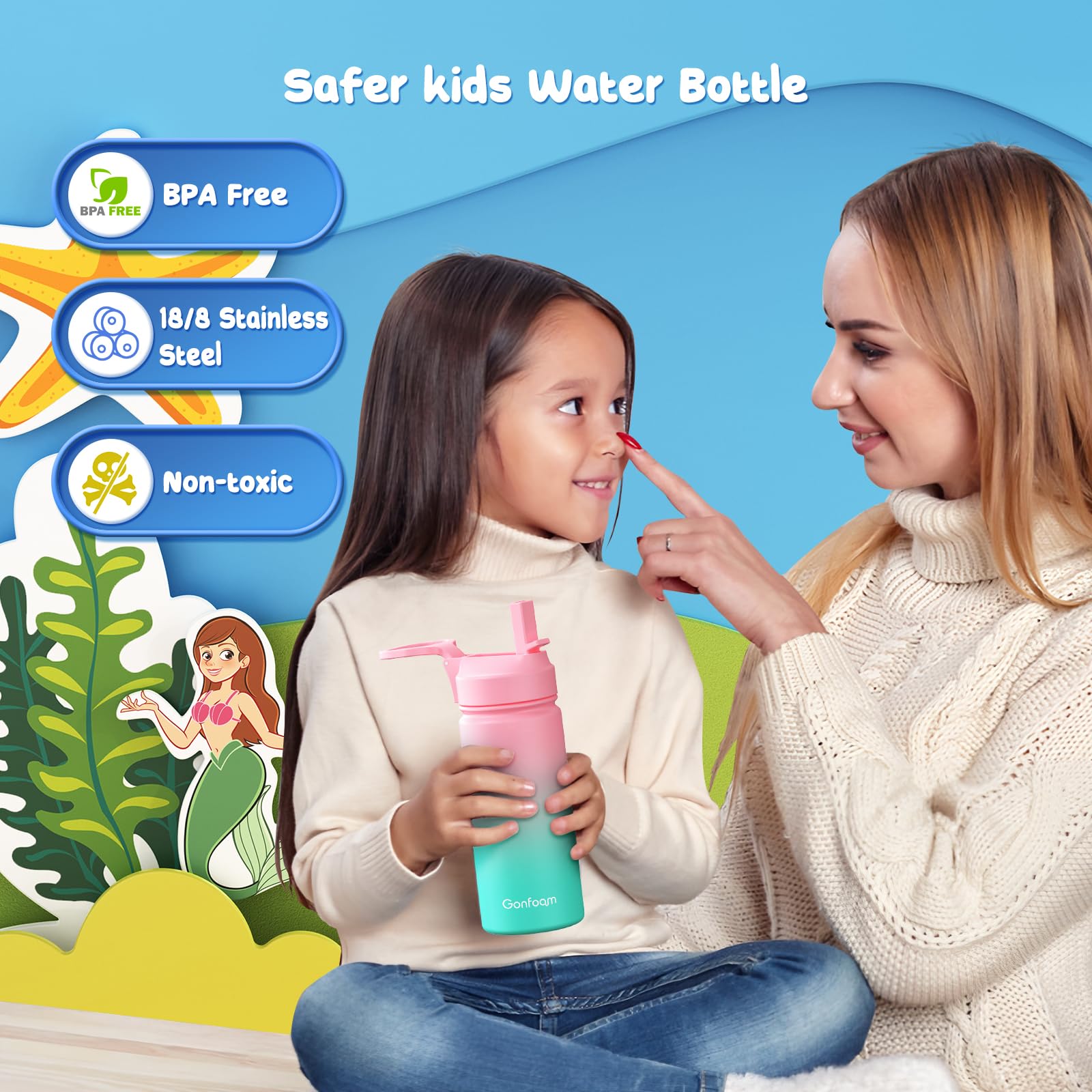 Kids Water Bottle, 16oz Kids Water Bottle with Stickers for School(Pink/Green)