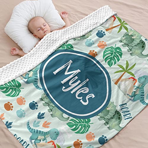 Dinosaur Custom Baby Blanket with Name Personalized Baby Blankets for Boys Girls Toddler Blanket Newborn Super Soft Comfy Patterned Minky with Double Layer Dotted Backing 35 x 45 Inch