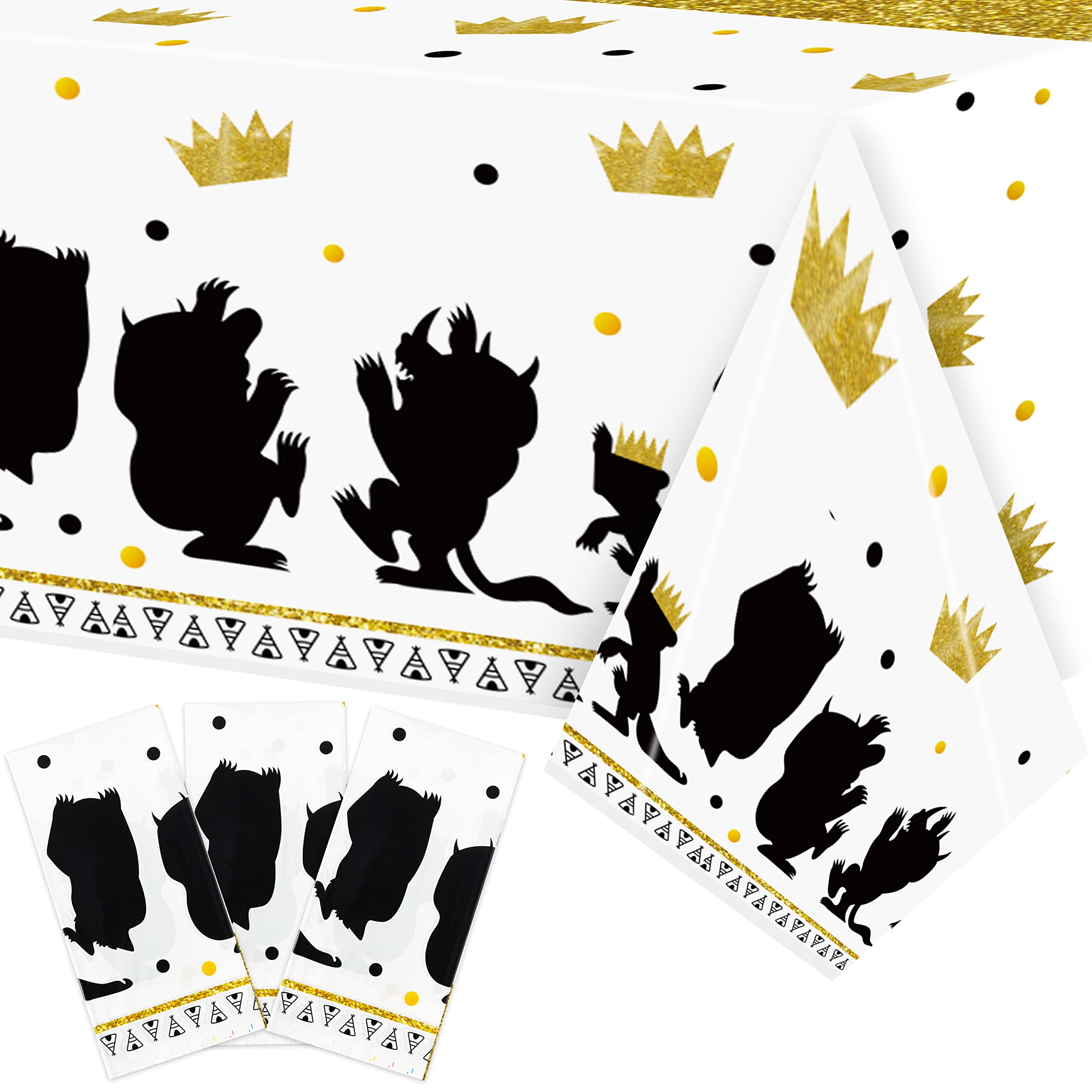 Unbess 3Pcs Wild One Tablecloths for 1st Birthday Party Decorations Baby Shower Plastic Disposable Rectangle Jungle Safari Animal Gold Black Table Covers Rectangle Woodland Supplies, 54 x 108 Inch