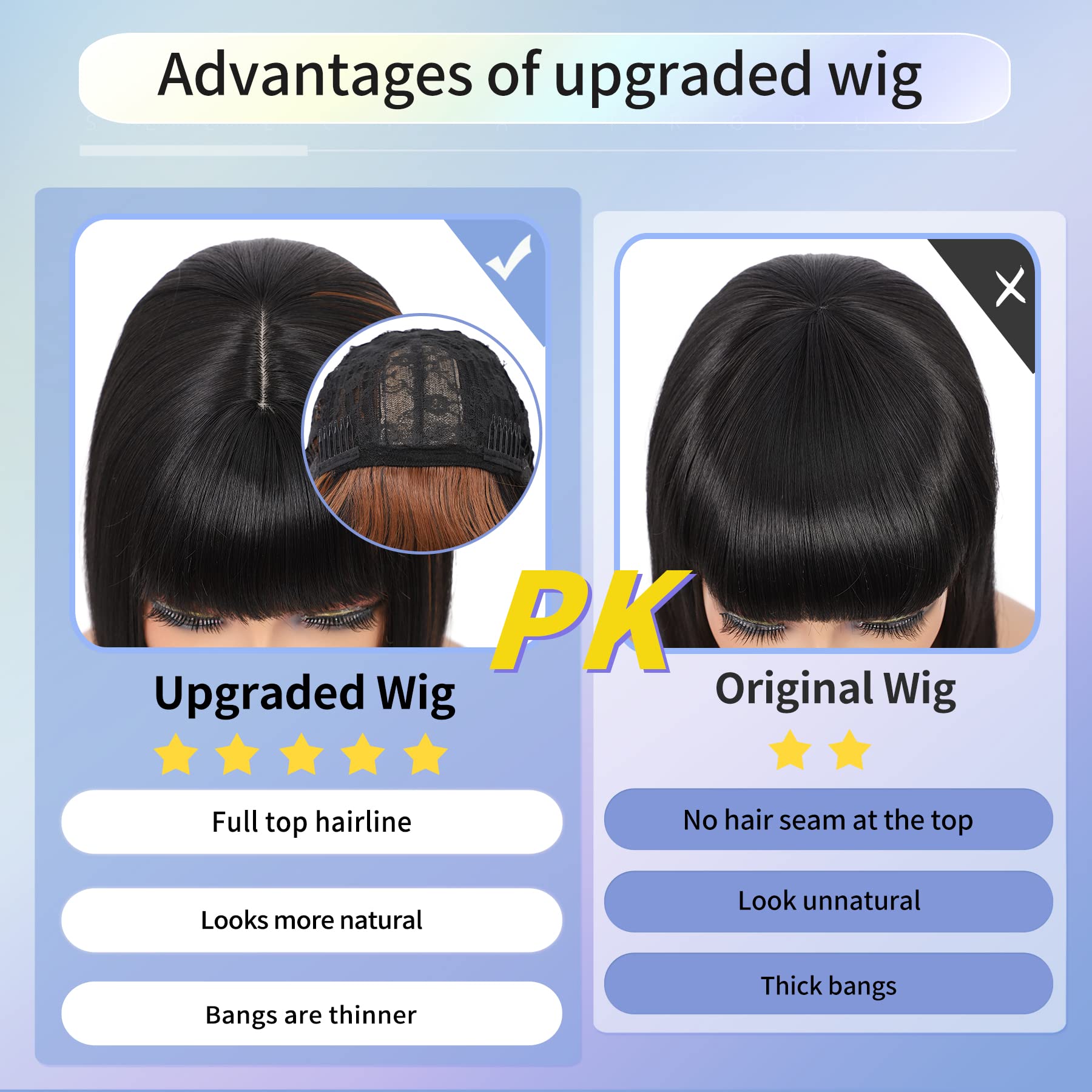Kalyss Bob Short Synthetic Hair Wig for Black Women Heat Resistant With Hair Bangs (Black With Medium Auburn Brown Strips)