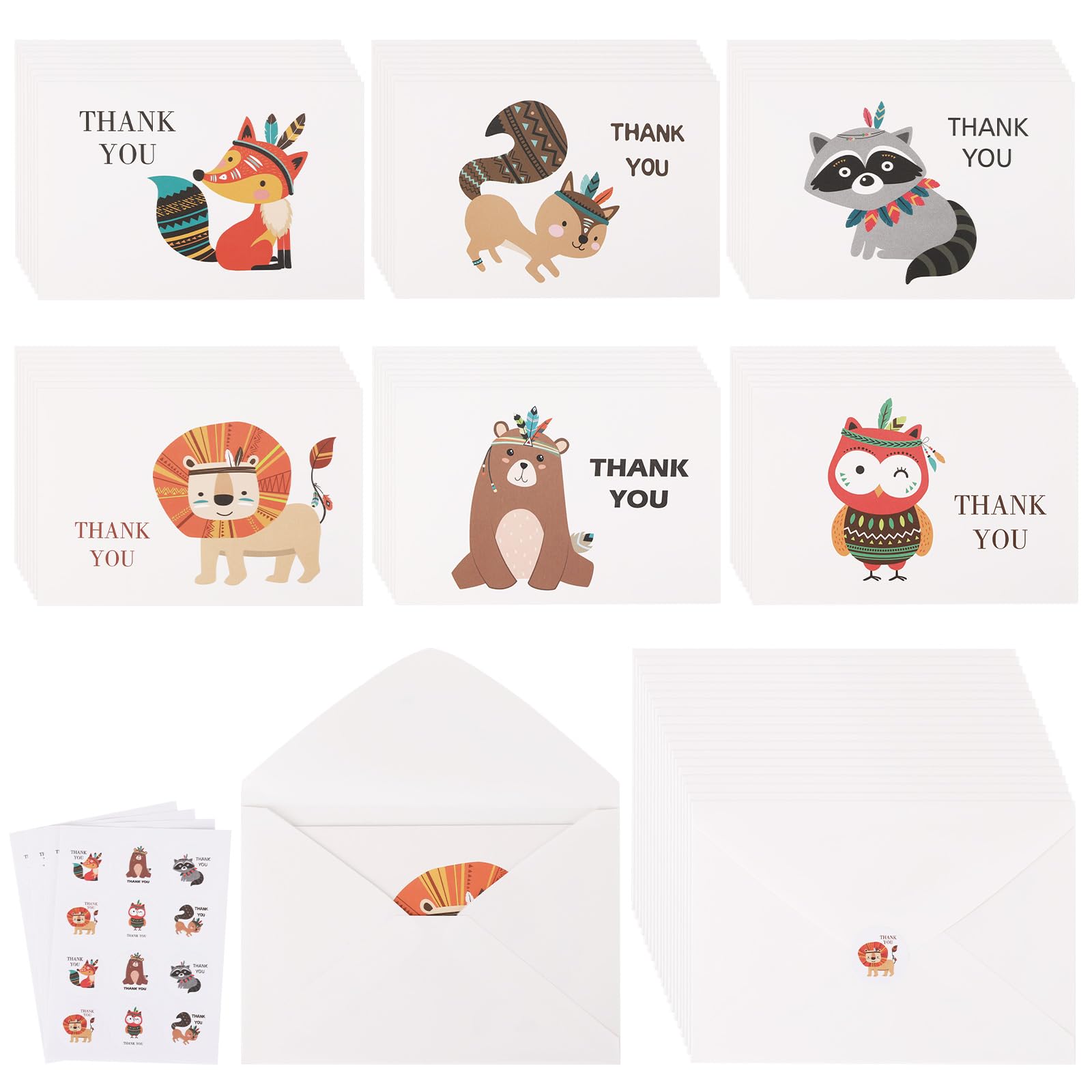 Tbestmax 48 Funny Thank You Cards with Envelopes & Stickers 4x6 Inch Animals Greeting Cards Bulk Blank Thank You Notes for Baby Shower Birthday Wedding Thanksgiving Party