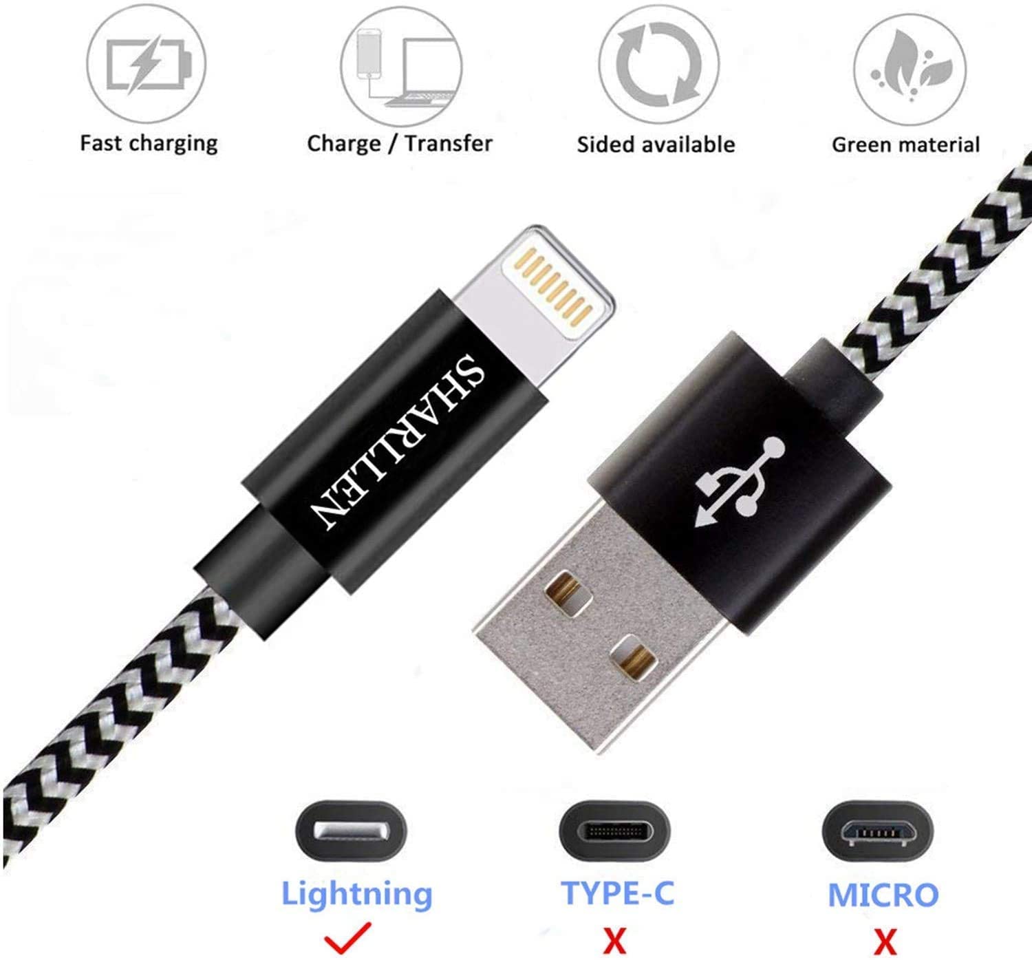 iPhone Charger Cable 3Pack 3FT MFi Certified Sharllen Nylon Braided iPhone Charging Cord Fast USB Charging Cell-Phone Lightning Wire Compatible iPhone 11/XS/Max/XR/X/8P/8/7/7P/6/iPad/iPod(Black-3FT)