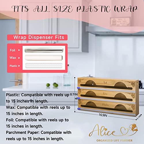 Alice 3-in-1 Foil and Plastic Wrap Organizer with Cutter | Compatible with Plastic Wrap, Aluminum Foil, and Wax Paper | Nature Bamboo Wrap Dispenser for Kitchen Storage Organization for 15 1/4" Roll