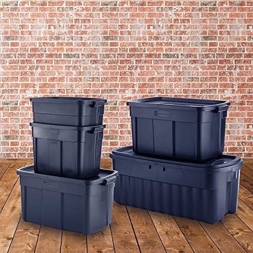 Rubbermaid Roughneck 10 Gallon Rugged Storage Tote in Dark Indigo Metallic with Lid and Handles for Home, Basement, Garage, (6 Pack)