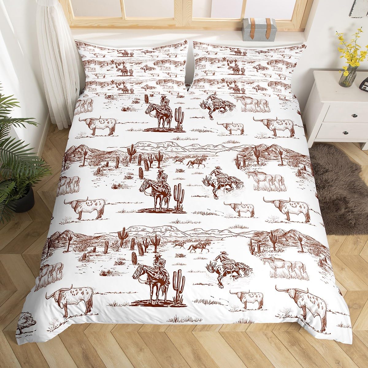 Western Cowboy Bedding Set Queen Size,Vintage Southwest Style Duvet Cover Set Desert Cactus Cow Horse Animals Comforter Cover for Kids Boys Girls Adult Room Decor,Sketch Brown White Quilt Cover 3Pcs
