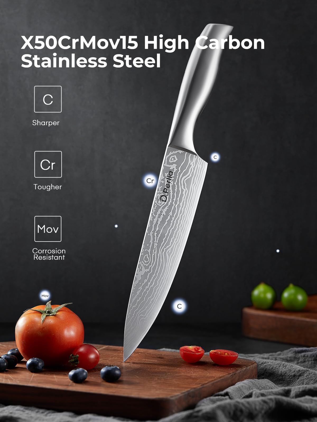 D.Perlla Kitchen Knife Set 15 Pieces, Knife Set with Block and Sharpener, High Grade Stainless Steel Kitchen Knife Set, Steak Knives, Scissors for Chopping, Slicing, Dicing, Sharp and No Rust