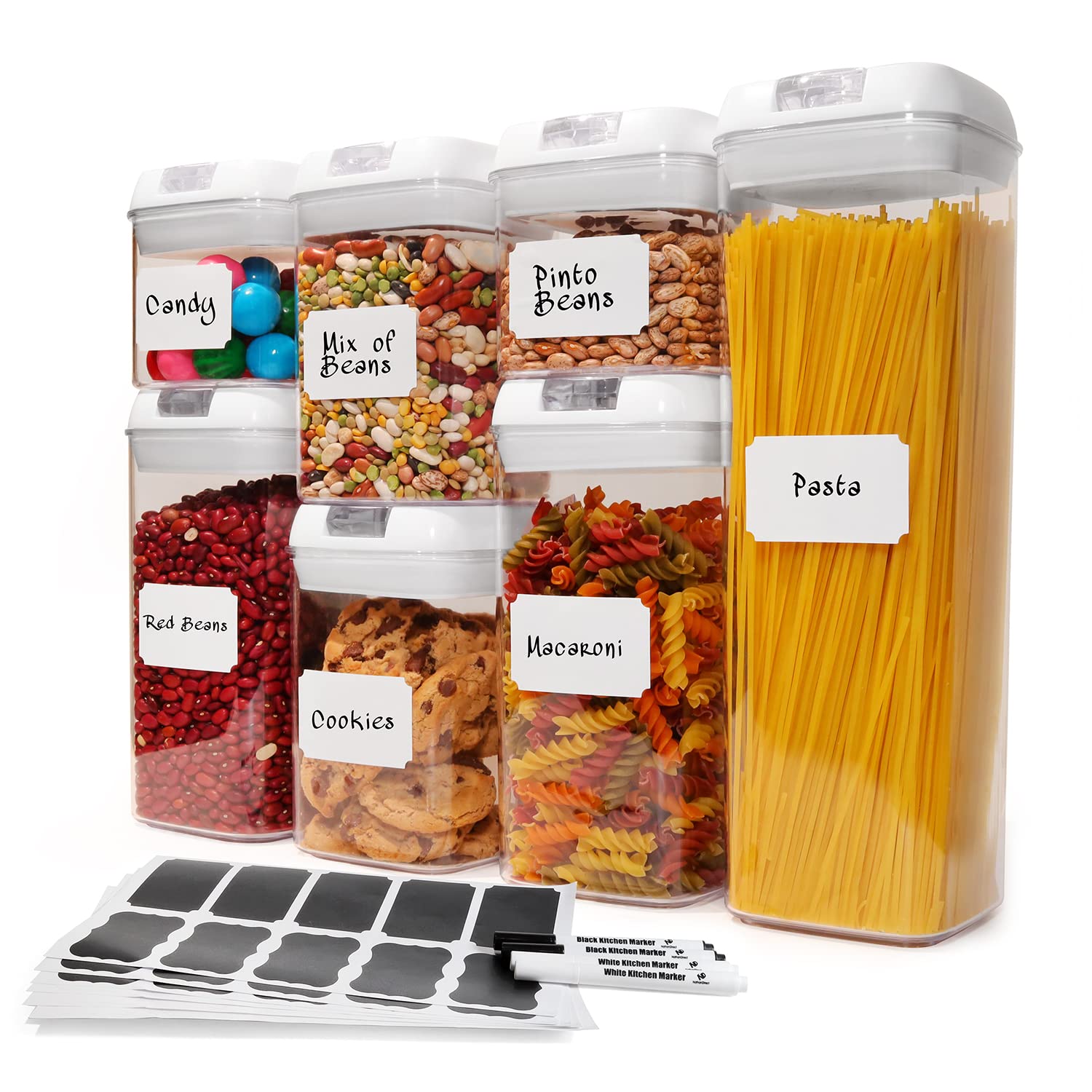 7 pc Airtight Food Storage Containers with Lids for Kitchen Use for All kitchen organization, Pantry Organization and Storage for Dry Food Containers for Food Contain Label and Marker (White)