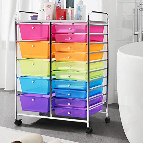 HAPPYGRILL 15 Drawer Storage Drawer Cart Organizer Cart Tools Office School Utility Cart Paper Organizer Rolling Storage Cart with Wheels