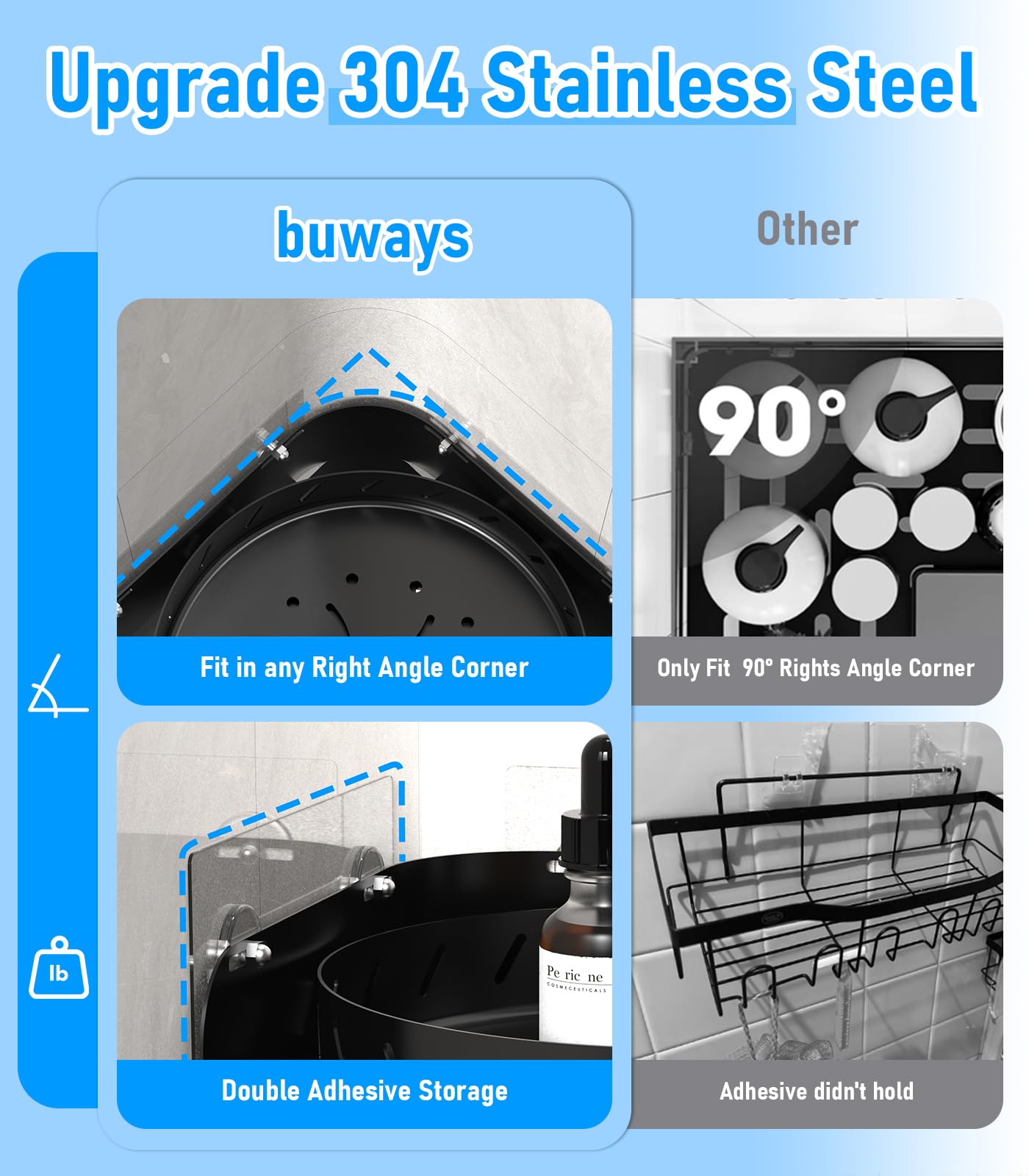 360°Rotating Corner Shower Caddy Shelf With 6 Hooks,2PACK Bathroom Lazy Susan Shower Organizer Corner with 5Pcs Adhesive,Stainless Steel Shower Racks for Inside Shower for Home Apartment Decor(Black)