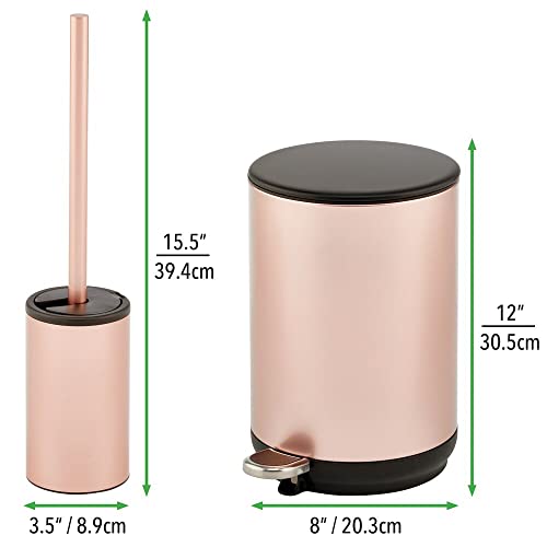 mDesign Slim Stainless Steel Toilet Bowl Brush and Holder + Round Gallon Step Garbage Can Wastebasket Bin for Bathroom Cleaning/Storage - Holder for Garbage and Waste - Set of 2 - Rose Gold/Black