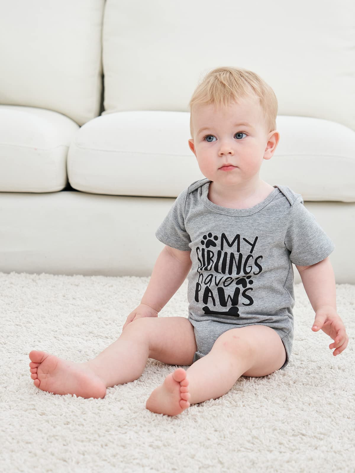 Funnycokid Infant Romper Jumpsuit Clothes My Siblings Have Paws Short Sleeve Bodysuits Cotton, Grey, 70/0-3 Months