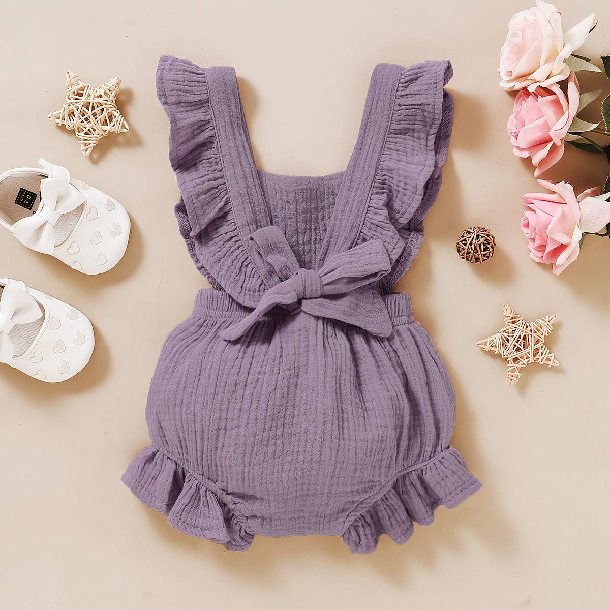 YOUNGER TREE Toddler Baby Girl Ruffled Sleeveless Romper Casual Summer Jumpsuit Cotton Linen Clothes (Light Purple, 12-18 Months)