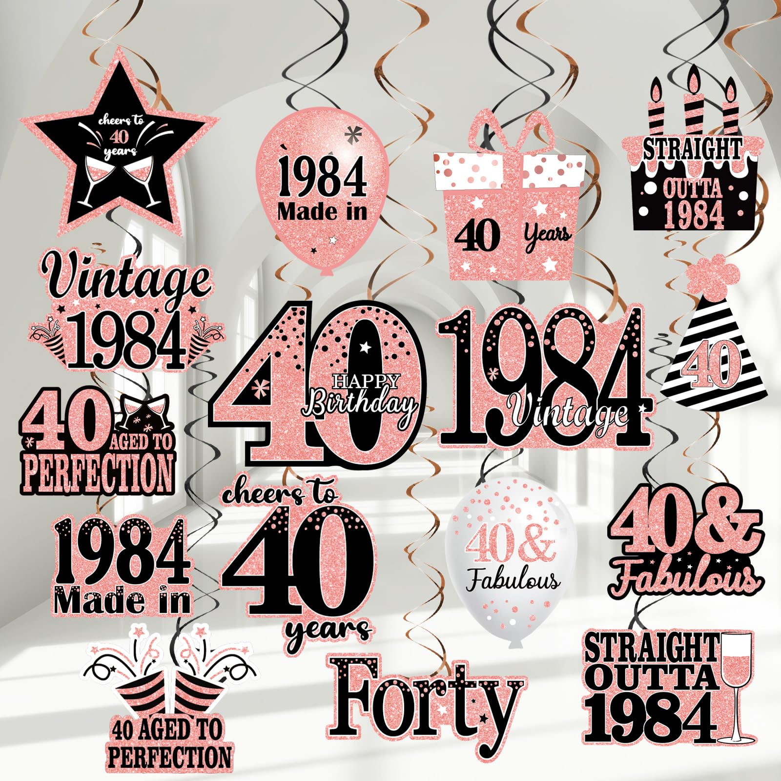 36PCS Rose Gold 40th Birthday for Women Party Decorations Vintage 1984 Hanging Swirls Forty Years Old Party Supplies Ceiling Hanging Decor for Birthday Anniversary Vintage 1984 Party Favors