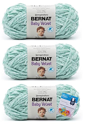 Bernat Baby Yarn Bernat Baby Velvet Yarn - 3.5 Oz, Misty Green - 3 Pack Bundle with Bella's Crafts Stitch Markers