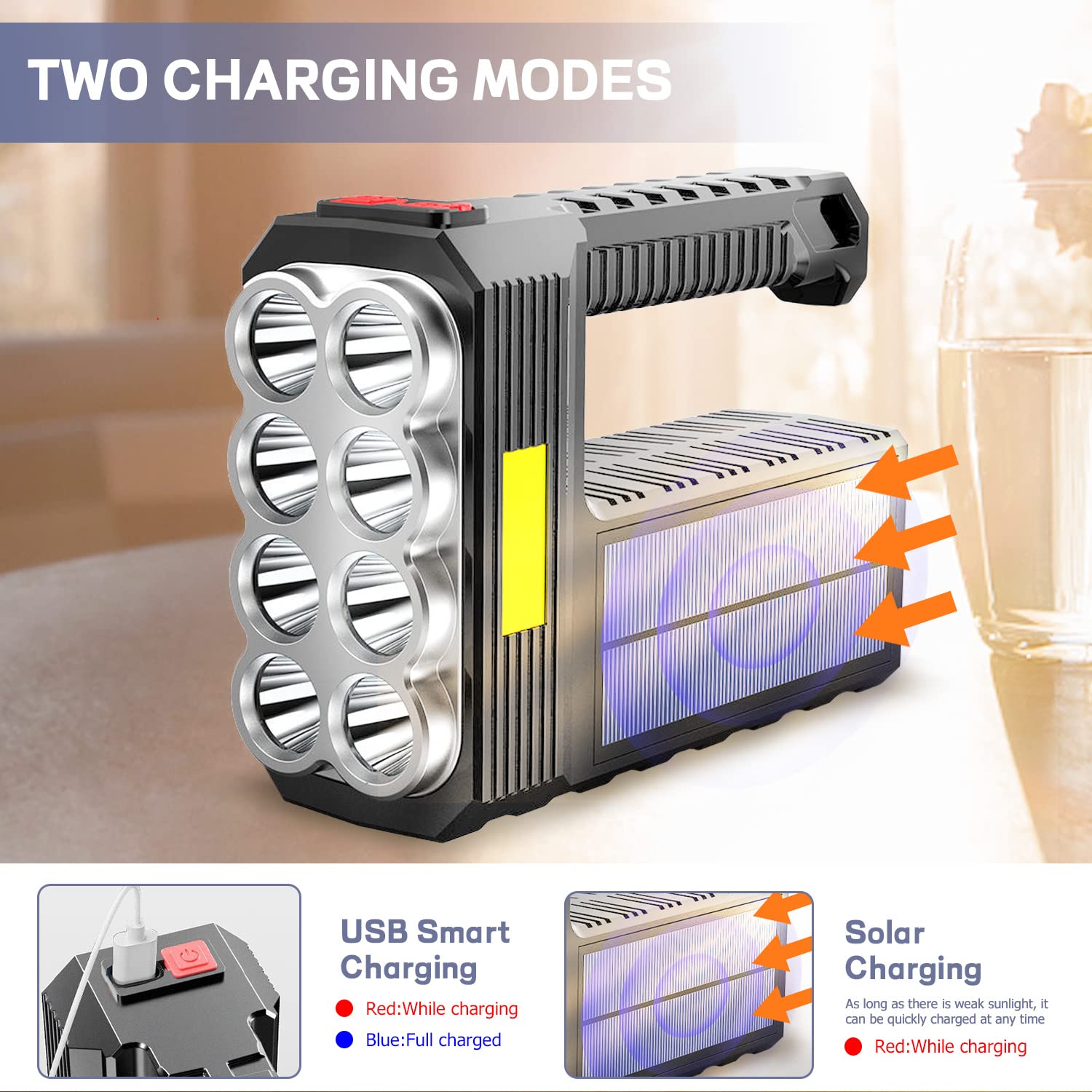 Solar Flashlight Rechargeable 8 LED Handheld with COB Sidelight, High Lumens 3 Modes Searchlight, Portable Lightweight Waterproof Spotlight for Fishing Outdoor Camping Emergencies