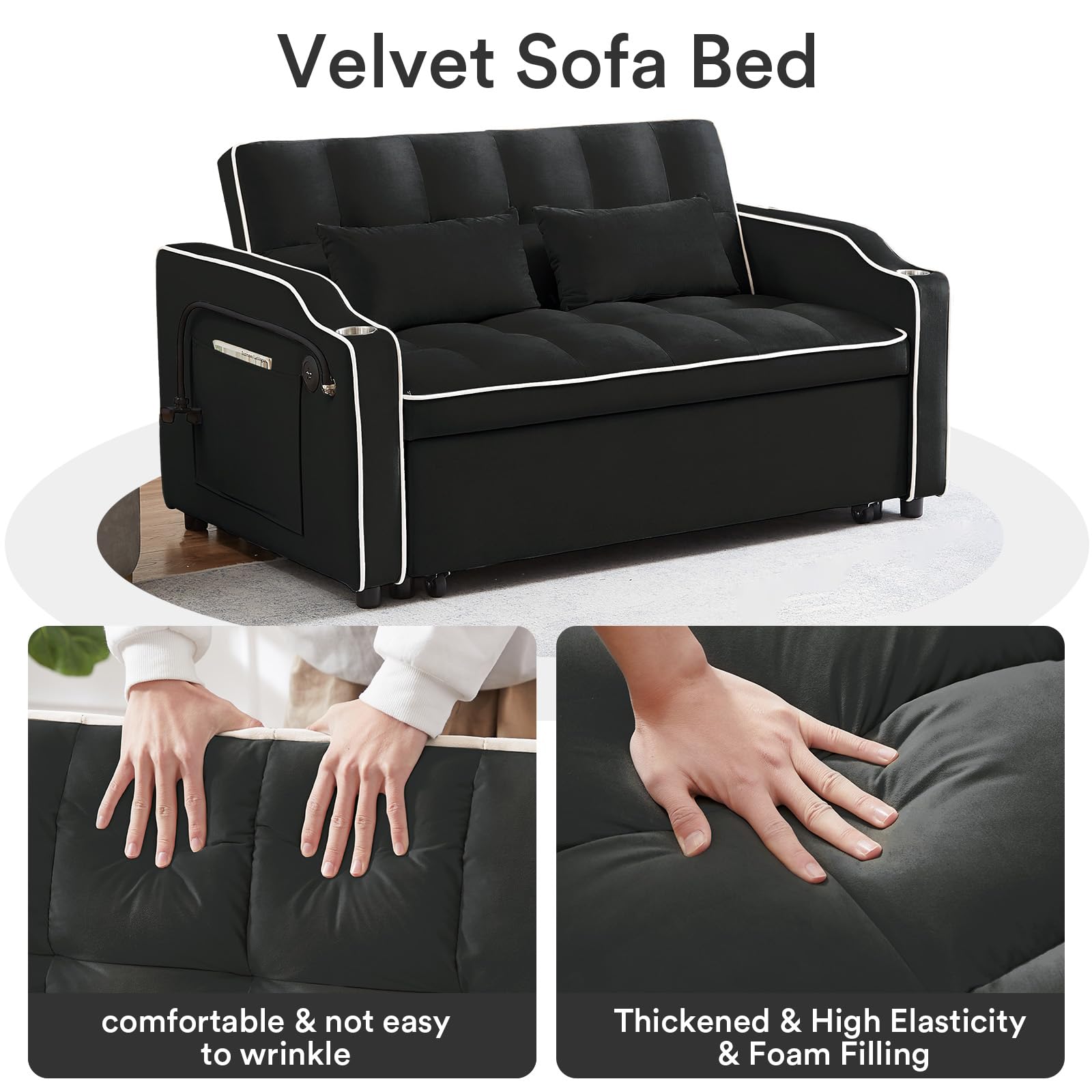 Rovibek 3 in 1 Convertible Sleeper Sofa Bed Pull Out Couch Futon Loveseat Velvet Chaise Lounge with 2 Pockets and 2 Pillows for Living Room, Full Size, Black