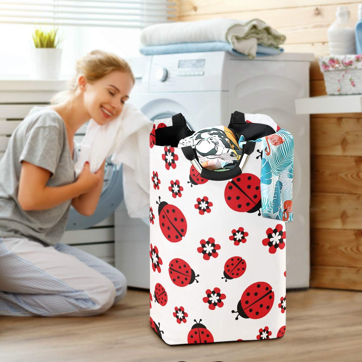 Ladybugs Laundry Hamper, Flower Floral Foldable Laundry Basket with Handles Collapsible Hamper Dirty Clothes Toys Organizer Bag for Laundry Room, Bathroom, Bedroom, College Dorm, Girl Boy Room