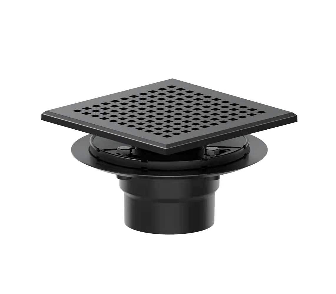 6 Inch Square Shower Floor Drain with ABS Shower Drain Base, 304 Stainless Steel Drain Cover, Matte Black